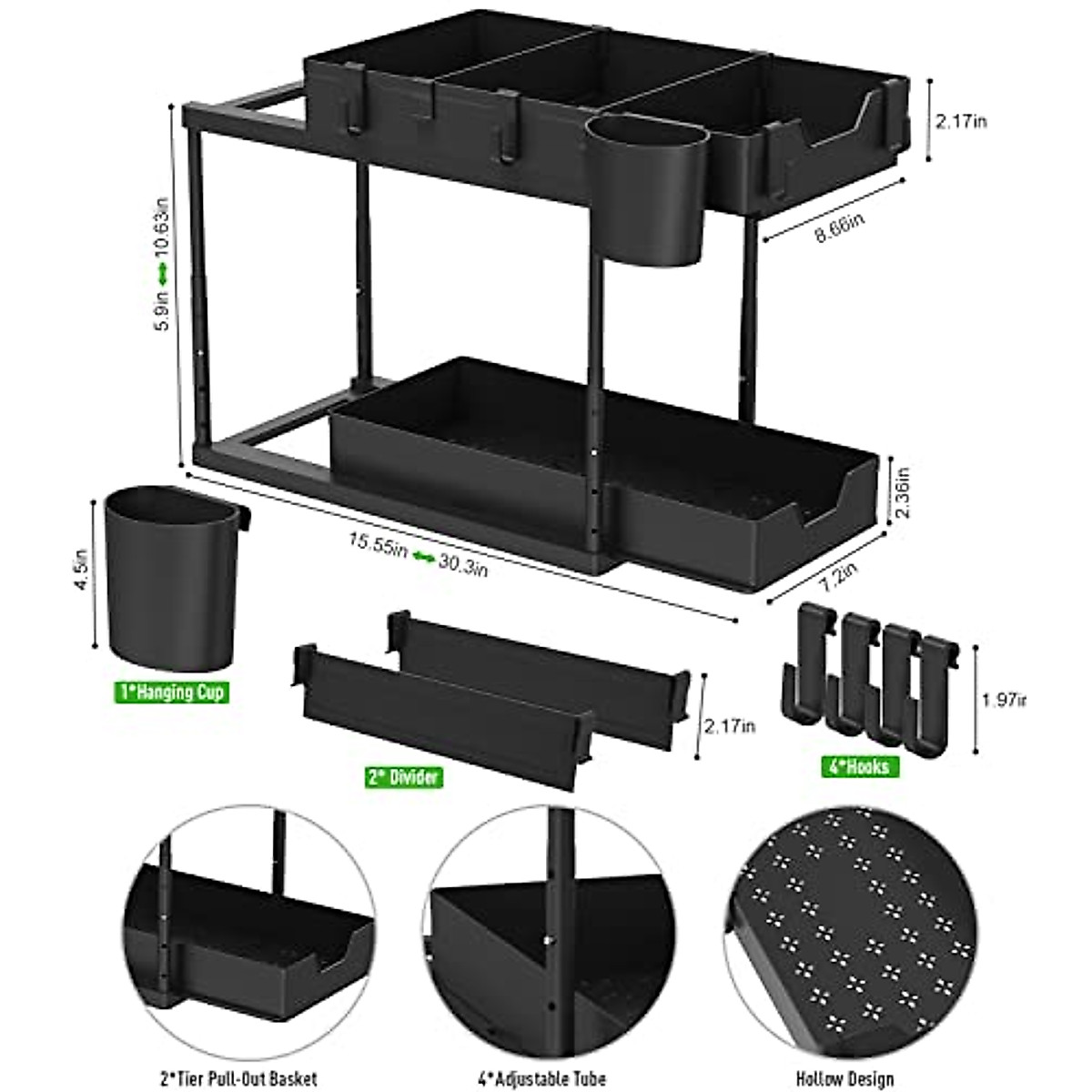 Mastom Under Sink Organizer, 2 Tier Sliding Cabinet Organizer Drawer, Adjustable Height Pull Out Cabinet Organizer with Hooks, Hanging Cup, Dividers, Under Sink Storage for Kitchen Bathroom, Black