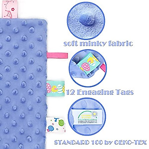 XIAOMUWU Tag Security Blankets for Babies, Sensory Soothing Blanket for 3-12 Months Baby, Soft Minky Loveys Toys for Girls and Boys (Gray White)