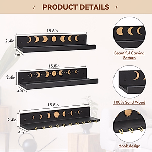Crystal Shelf with Hooks Set of 3, Moon Shelf Display Wall Mount, Wood Floating Shelves for Celestial Decor and Room Decor, Crystal Display Shelf Holder for Stones, Essential Oils (Black)