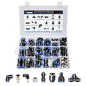 96Pcs Quick Connect Air Hose Fitting Kit, NPT 1/4,3/16, 5/32,3/8,1/8,1/2,5/8" Push To Connect Fittings Air Line Pneumatic Fittings Kit Connectors for Automotive Car or Industrial Workshops