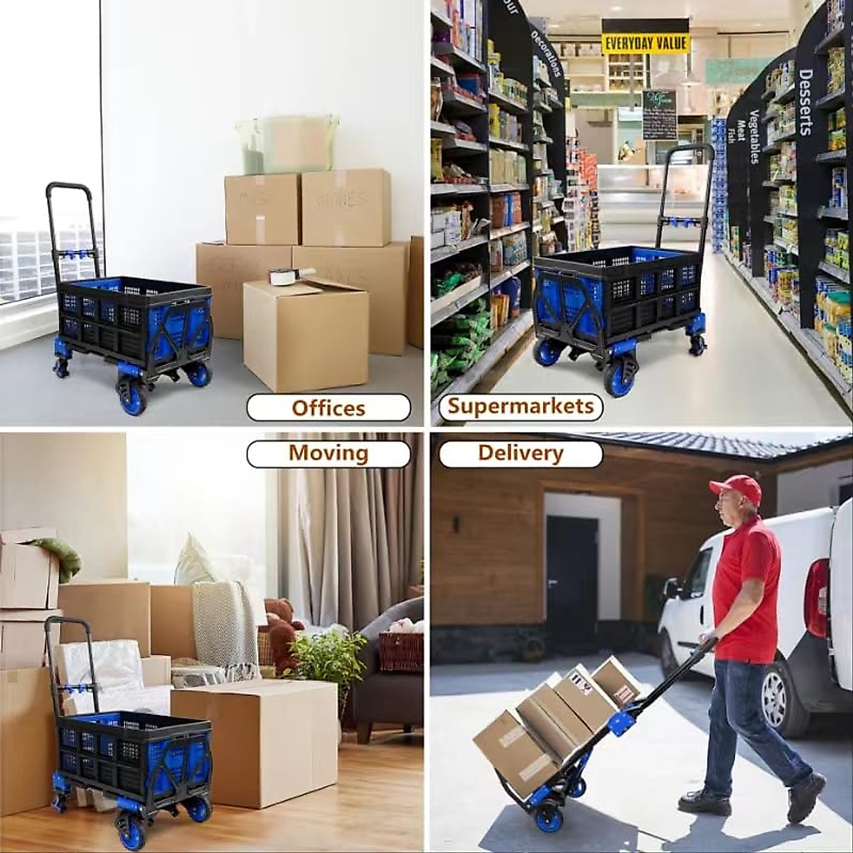 2 in 1 Hand Truck Dolly Foldable with Basket,Hand Truck Foldable with Retractable Handle,330LBS Capacity Folding Hand Cart,Dolly Cart with Wheels,Portable Dolly Hand Truck for Moving