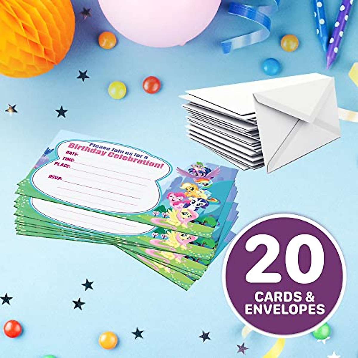 Set of 20 Pony Little -Themed Happy Birthday Invitation Cards & Envelopes - Lightweight (240g), Postcard Style Invites for the Perfect Party Pack