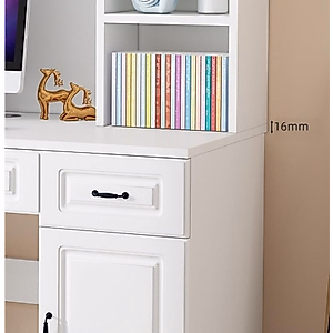 KIRANDY Girls' Bedroom Study Desk and Bookshelf Combo, Computer Desk with Drawers (Color : White 90x50x182.5cm Solid Wood)