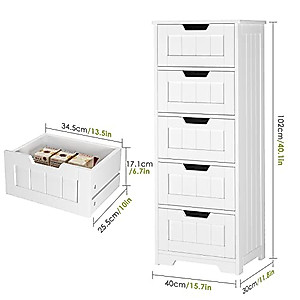 TTVIEW Bathroom Floor Cabinet with 5 Drawer Dresser, with Avoid-Tipping Device, White, Freestanding Side Tall Storage Cabinet Narrow Drawers for Small Spaces