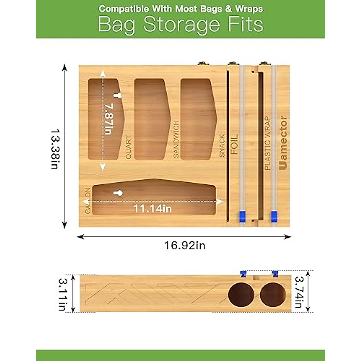 Uamector 6 In 1 Foil and Plastic Wrap Organizer, Ziplock Bag Organizer for Kitchen Drawer, Plastic Wrap Dispenser with Cutter, Bamboo Bag Storage Organizer for Gallon, Quart, Sandwich