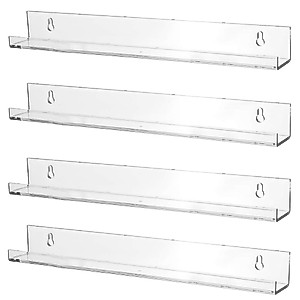 Sooyee 4 Pack 15 Inch Acrylic Invisible Kids Floating Bookshelf for Kids Room,Modern Picture Ledge Display Toy Storage Wall Shelf,Clear (4 Pack)
