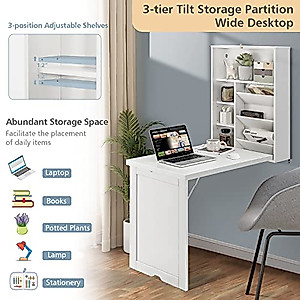 GOFLAME Wall Mounted Desk, Folding Floating Desk with 3-Tier Tilt Storage Partition and Adjustable Shelves, Space-Saving Fold up Desk Laptop Desk, Convertible Writing Desk for Home Office (White)