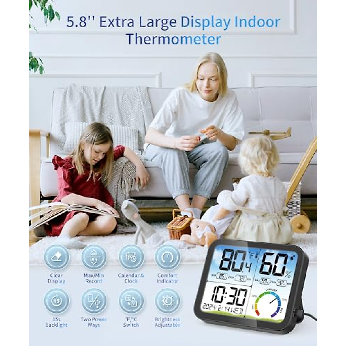 VOCOO Digital Indoor Room Thermometer - 5.8'' Extra Large Display Temperature Humidity Sensor with Accurate Temp Humidity Gauge Monitor, Calibration, Max & Min Records, Comfort, Backlit, Date & Clock