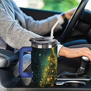 LLUTSNTH 40 Oz Vacuum Tumbler with Deep Blue Handle Leakproof Insulated Tumbler Christmas Trees Stainless Steel Travel Mug with Lid And Straw Coffee Cup Cute Water Bottles Cup Holder Friendly