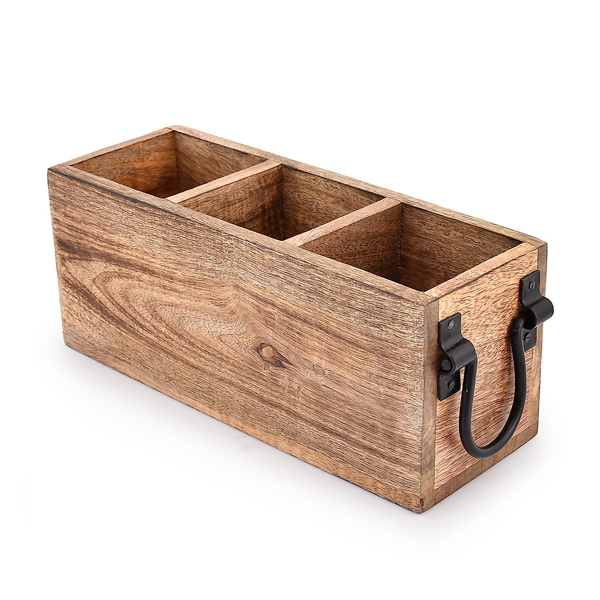 Samhita Mango Wood Cutlery Holder Caddy Organizer Wooden Utensil Storage Organizer Countertop for Silverware Fork Spoon Spatula 3 compartments (11" x 4" x 4.5")