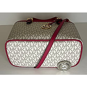 Michael Kors Jet Set Travel XS Carryall Convertible Top Zip Tote bundled with SM TZ Coinpouch and Purse Hook (Carmine Pink MK Multi)