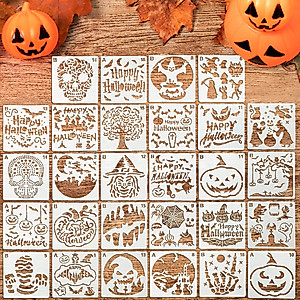 FEBSNOW 32 Pcs Halloween Painting Stencils Reusable Halloween Template Pumpkin Witch Skeleton Skull Vampire for DIY Craft Drawing Painting Spraying Window Glass Wood Airbrush Walls Art