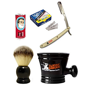 Classic Samurai Men's Shaving Set with Stainless Steel Professional Barber Straight Razor Shavette with Pure Badger Shaving Brush, Arko Stick Soap and Porcelain Mug