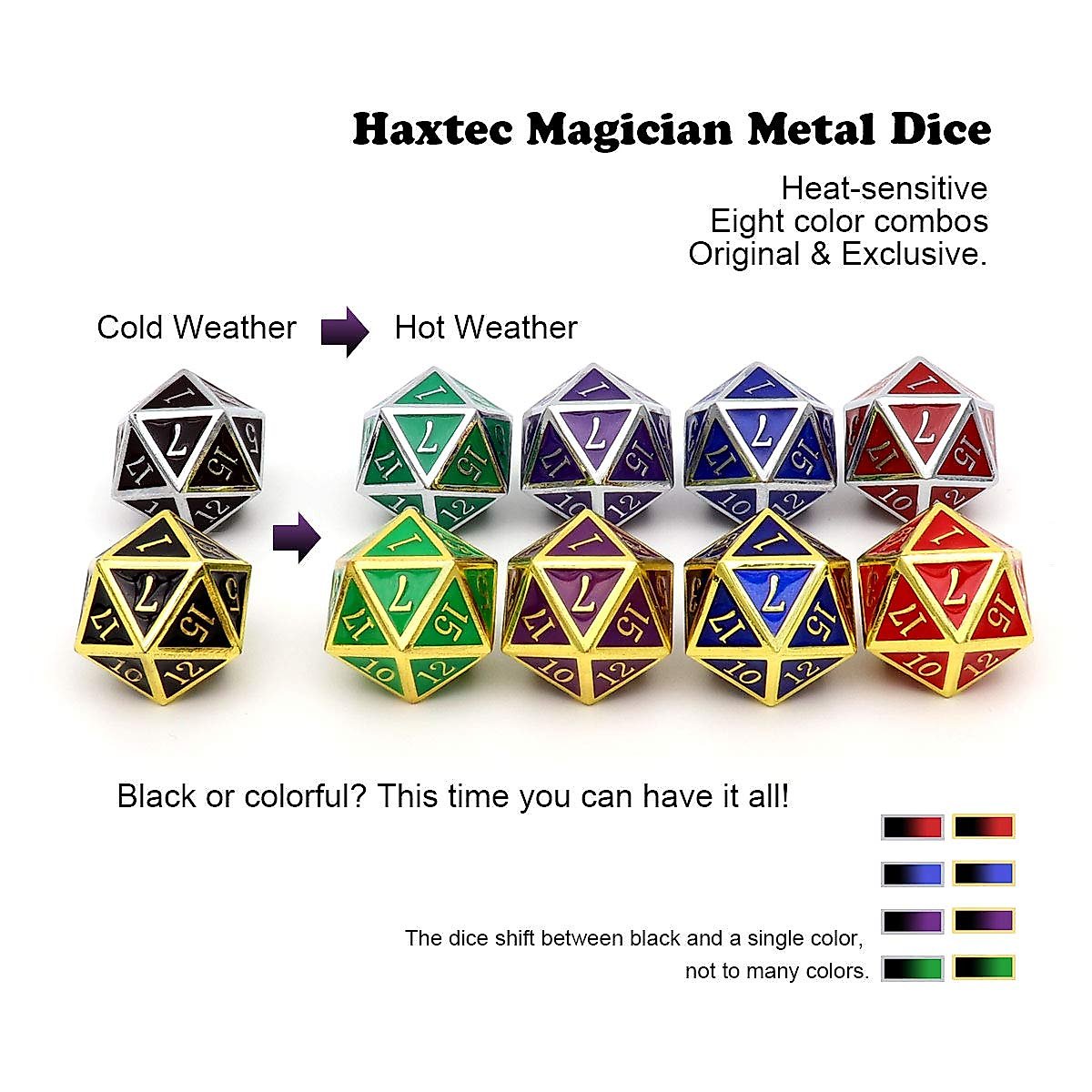Haxtec Temperature Metal DND Dice Set Color Changing Polyhedral D&D Dice Set for RPG Dungeons and Dragons-Silver Black Red Shift