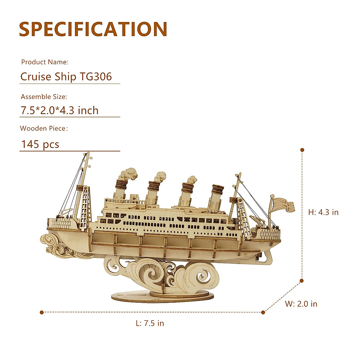ROBOTIME 3D Puzzle Ship Model Kit 7.5'' Wooden Cruise Ship Building Kit Self-Assemble Toys for Kids and Adults Age 8+ (145 Pieces)