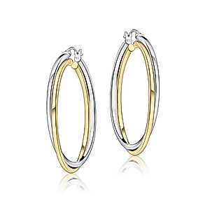 Sterling Silver Two-Tone Square-Tube Double Twisted 37mm Round Hoop Earrings