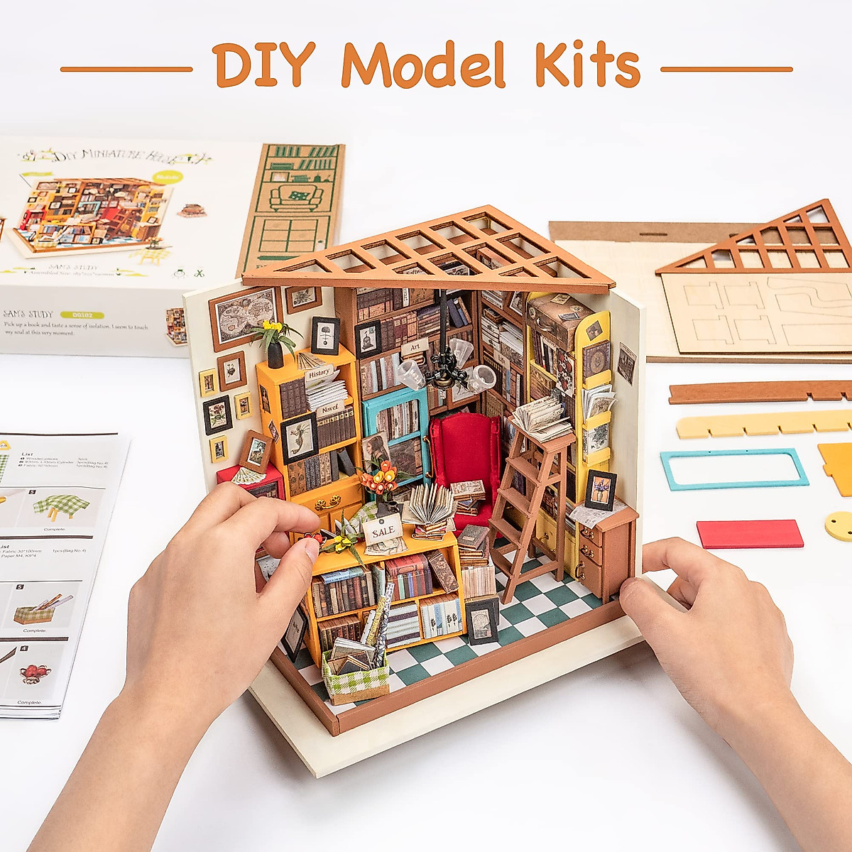 ROBOTIME Dollhouse Kit Miniature DIY Library House Kits Best Birthday Gifts for Teens