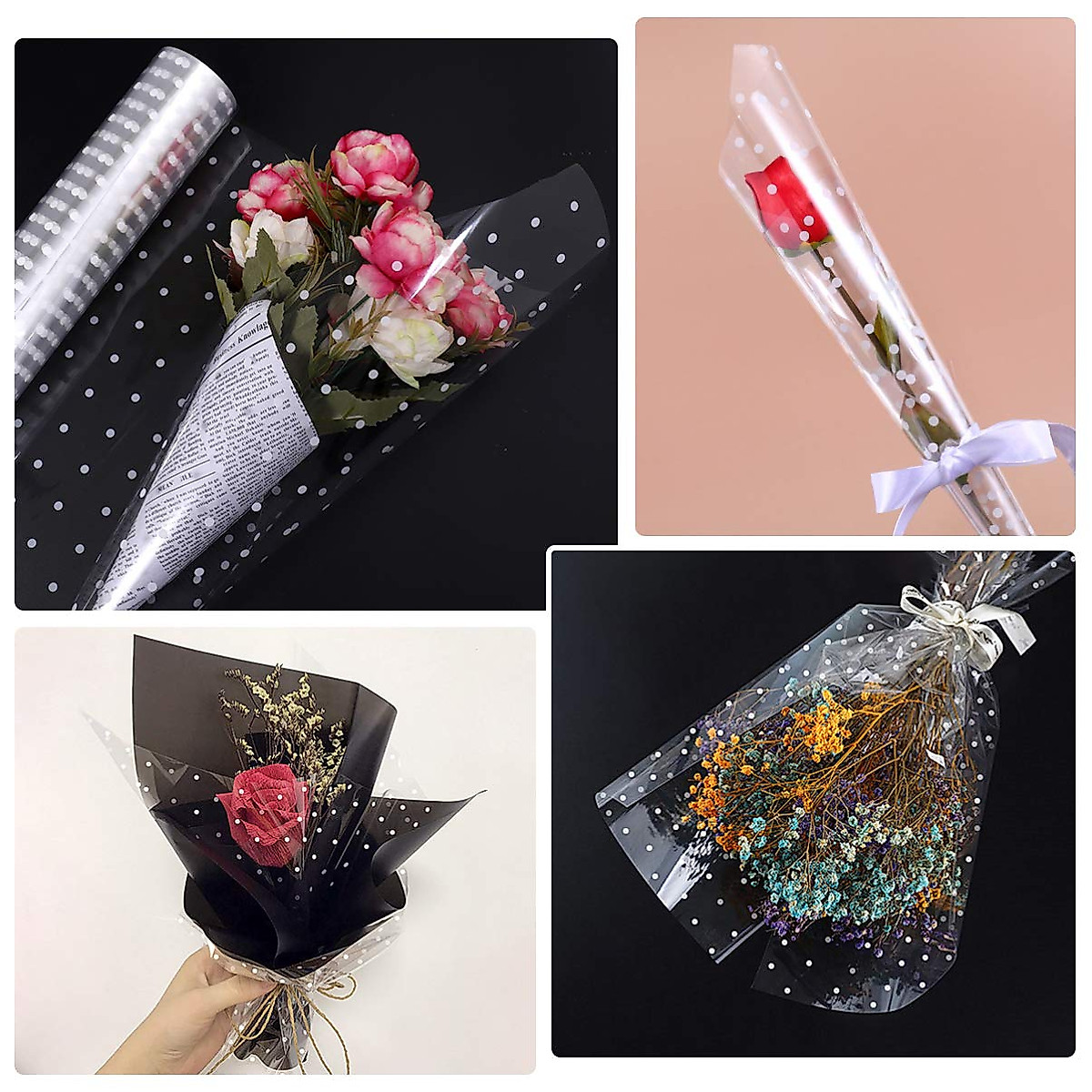 NUOBESTY Cellophane Wrap Roll Clear White Dot Pattern Florist Paper Wrapper Gift Wrappings Packing Paper for Flowers Craft Basket Bouquet Food