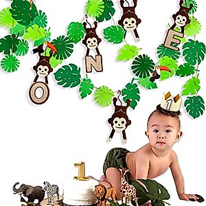 Pinkblume Felt Palm Leaves Monkey Bird Toucan Hanging Wall Decorations for Kids First Birthday Wild One 1st Tropical Jungle Safari Animal Party Banner Garland for Boys Baby Shower Living Room Bedroom