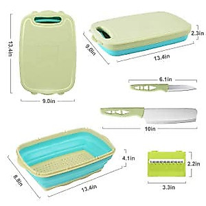 Collapsible Cutting Board, HI NINGER Foldable Chopping Board with Colander, 9-In-1 Multi Chopping Board Kitchen Vegetable Washing Basket Silicone Dish Tub for Camping, Picnic, BBQ, Kitchen-Green
