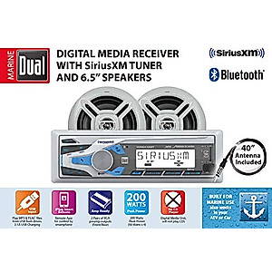 Dual Electronics WCPSX422BT Marine Stereo LCD Single DIN | Marine Radio with Built-in Bluetooth | SiriusXM SXV300 Tuner | Two 6.5-inch Dual Cone Marine Speakers and Marine Antenna