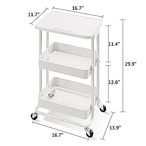TOOLF 3-Tier Metal Rolling Storage Cart with Plastic Tabletop, 3-Tier Metal Serving Rolling Cart with Contral Handle,Trolley Organizer with Locking Wheels for Library Office Classroom Home Dedroom