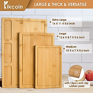 Bamboo Cutting Boards for Kitchen, (Set of 3) Kitchen Chopping Board with 3 Built-In Compartments and Juice Groove Heavy Duty Serving Tray Wood Butcher Block and Wooden Carving Board, Kikcoin