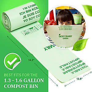 Lucky Family Green Compost Bags for Kitchen Countertop Bin -1.3 gallon trash bags to 1.6 Gallon trash bags - 100% Compostable Trash Bags for Food Waste, Organic Biodegradable Bags