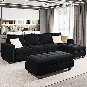 Belffin Velvet Convertible 4-Seat Sectional Sofa with Reversible Chaise L Shaped Sofa Couch Furniture Sets Sectional Couch with Storage Ottoman Black
