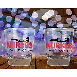 AW Fashions Nurses Need Shots Too - Funny Nurse Party Favor Gift - 2 Pack Round Set of Shot Glass