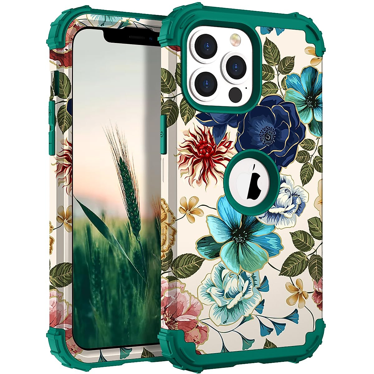 Hocase for iPhone 13 Pro Max Case, Heavy Duty Shockproof Protection Soft Silicone Rubber Bumper+Hard Plastic Hybrid Protective Case for iPhone 13 Pro Max (6.7") 2021 - Teal Flowers