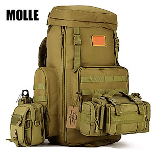 ArcEnCiel Hiking Daypacks 70-85L Tactical Travel Backpack MOLLE Rucksack Large Capacity Outdoor Bag for Travelling Trekking Camping Hunting - Rain Cover Included (Coyote Brown)