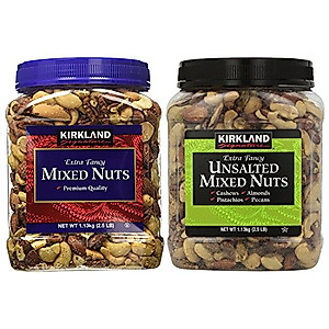 Kirkland Signature Mixed Nuts and Unsalted Mixed Nuts Bundle - Includes Kirkland Signature Extra Fancy Mixed Nuts (2.5 LB) and Extra Fancy Unsalted Mixed Nuts (2.5 LB)