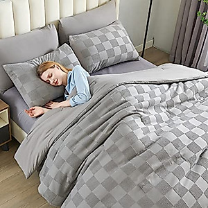 BESTCHIC 7 Piece Grid Bed in a Bag, Grey Plaid Comforter Set Queen Size, Embroidery Shabby Chic Tufted Comforters and Sheet, All Season Soft Microfiber Complete Bedding Sets (90x90 Inches)