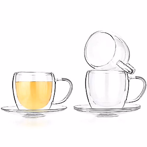 Tealyra - 8.5-Ounce Double Wall Glasses and Saucer - Set of 4 - Espresso Coffee - Tea - Cappuccino - Clear Cups - Heatproof Insulating - Keeps Beverages Hot - 250ml