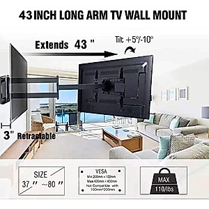 FORGING MOUNT Long Arm TV Mount Full Motion Wall Mount TV Bracket with 43 inch Extension Articulating Arm TV Wall Mount, Fits 42 to 80 Inch Flat/Curve TVs Holds up to 100 lbs,VESA 600x400mm Compatible