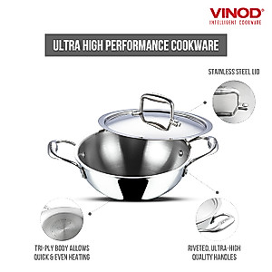 Vinod Platinum Kadai Triply Stainless Steel | Suitable For Indian Cooking, Sauces, Stews, Soups | Deep/Extra Deep Kadai With Lid | Induction, Electric Friendly (Extra Deep Kadai, 18cm)