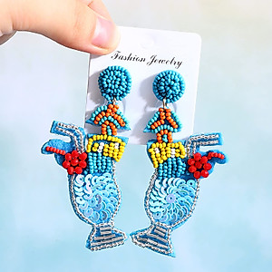 Boderier Beaded Earrings Statement Hand Beaded Tropical Drink Beaded Statement Earrings Summer Party Cute Beaded Cocktail Glass Earrings Blue
