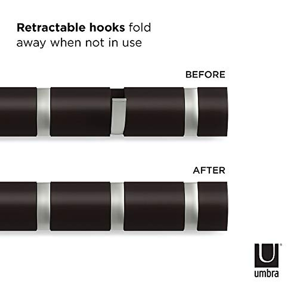 Umbra Flip Wall Mounted Floating Rack – Modern, Sleek, Space-Saving Hanger with Retractable Hooks to Hang Coats, Scarves, Purses and More, 8, Espresso