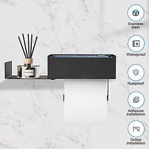 Toilet Paper Holder with Shelf, FUNLEU Flushable Wipes Dispenser for Bathroom, Self Adhesive Toilet Paper Holder with Storage - Stainless Steel Toilet Holder Keep Wipes Hidden Out of Sight, Black