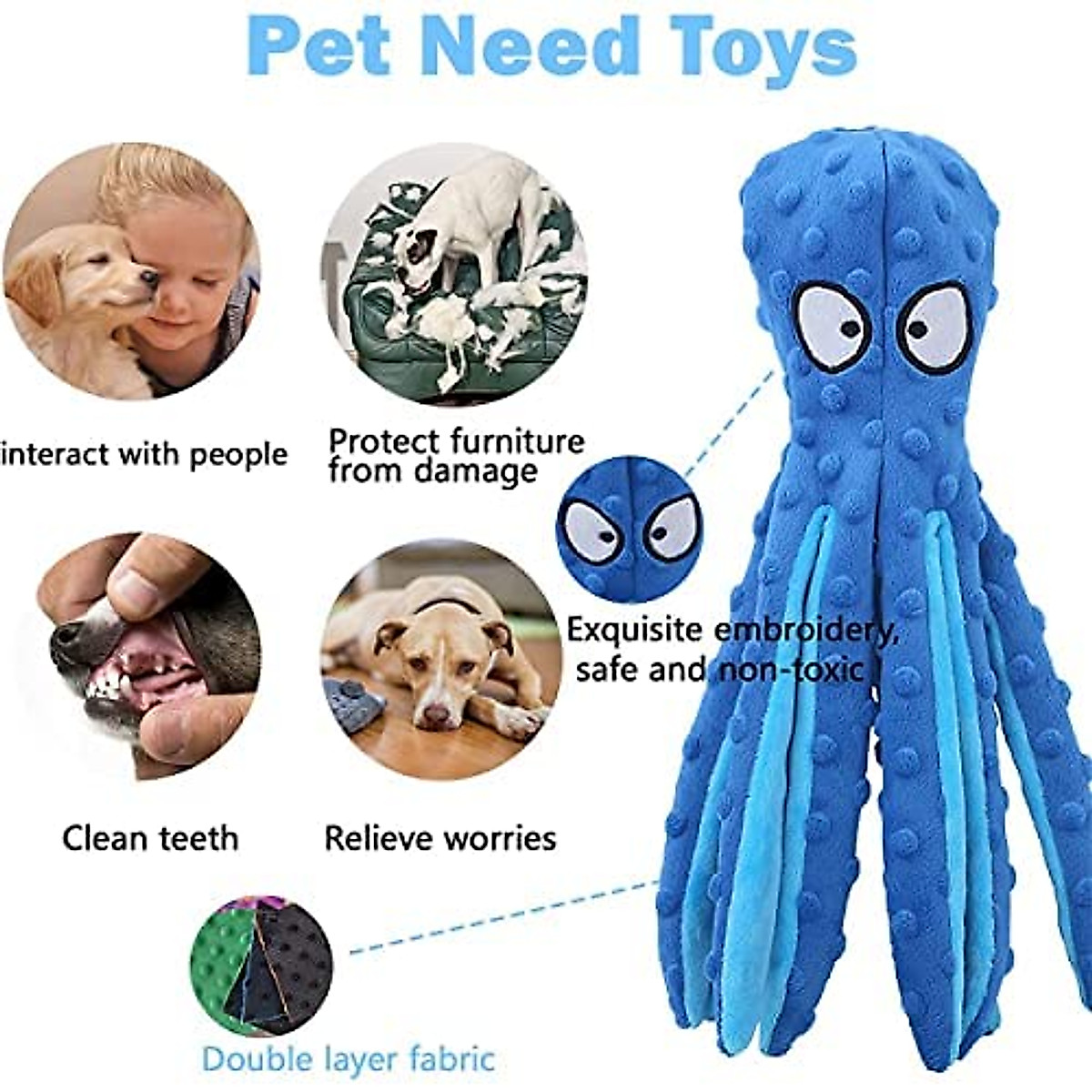 OKVSKO Dog Squeaky Toys Plush Chew Toy Crinkle No Stuffing Octopus Stuffed Duck Pet Interactive Toy Durable with Squeaker for Puppies, Small, Medium, and Large Dogs 2 Pack