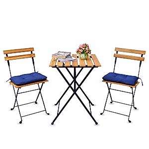 BEEFURNI Wooden Folding Table and Chairs with Cushions for Small Spaces, Teak Wood Bistro Set 3 Piece Outdoor Indoor, No Assembly Required, Perfect Size for Your Balcony, Garden, Backyard, Patio
