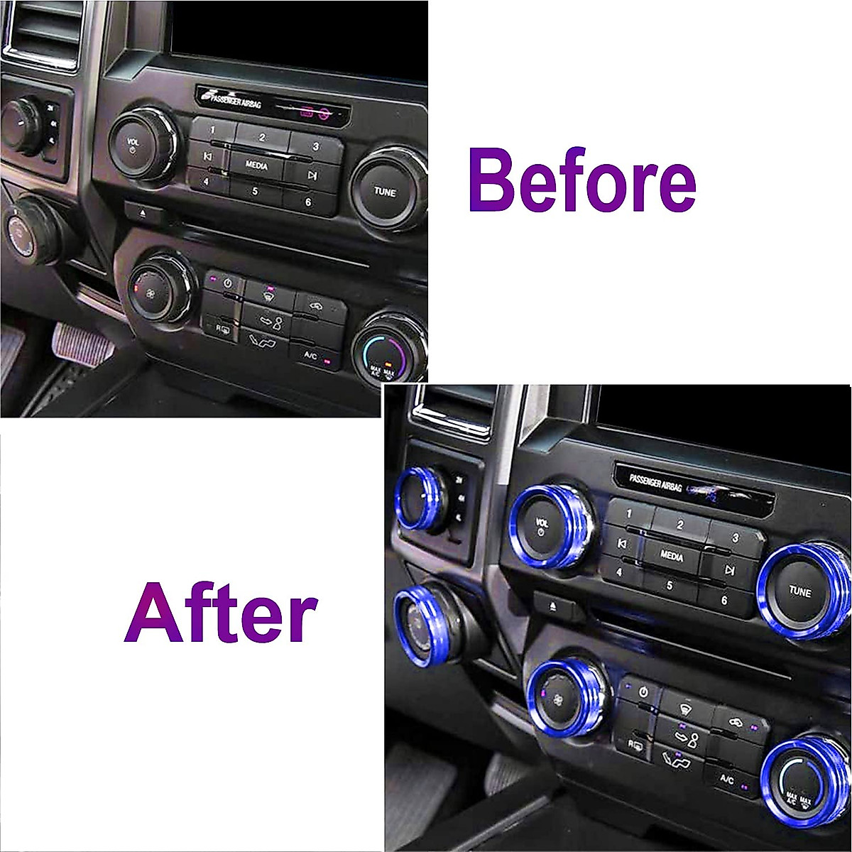 Kujunpao Air Conditioner Switch Trim Cover Aluminum Center Console Knob Compatible for Ford F150 XLT Accessories 2015-2019 6PCS(Blue)