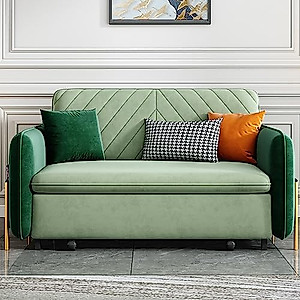comfor u 53.5" Full Sleeper Sofa Green Upholstered Convertible Sofa Bed 3 in 1 Sleeper Sofa Couch Bed, Small Tufted Velvet Convertible Loveseat Futon Sofa w/Pullout Bed, Multi-Pockets for Living Room