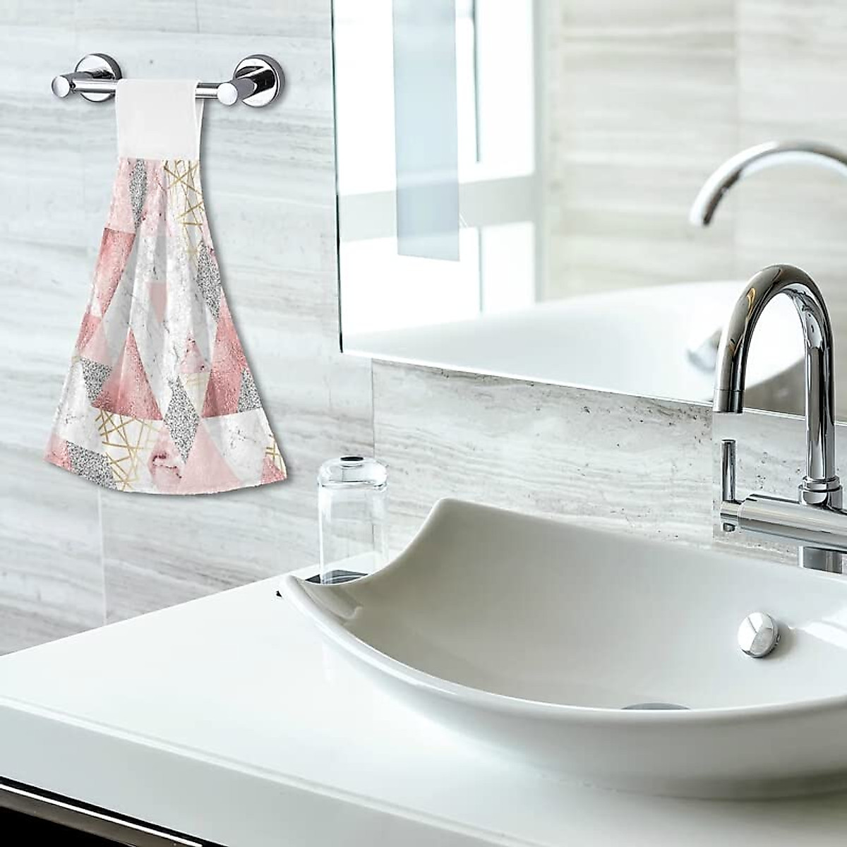 Pink Marble Triangles Kitchen Towels with Hanging Loops 2 Pack, Modern Polygon Abstract Hand Towels for Bathroom Absorbent Coral Velvet Soft Tie Dish Towels Sets