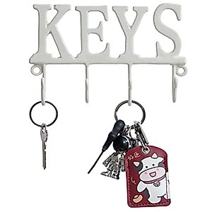 FairyCity Keys Holder for Wall Metal Vintage Keys Hook- Home Decor Small Key Hanger Decorative with 4 Hooks Metal Key Organizer Rack Hanger Wall Mounted White
