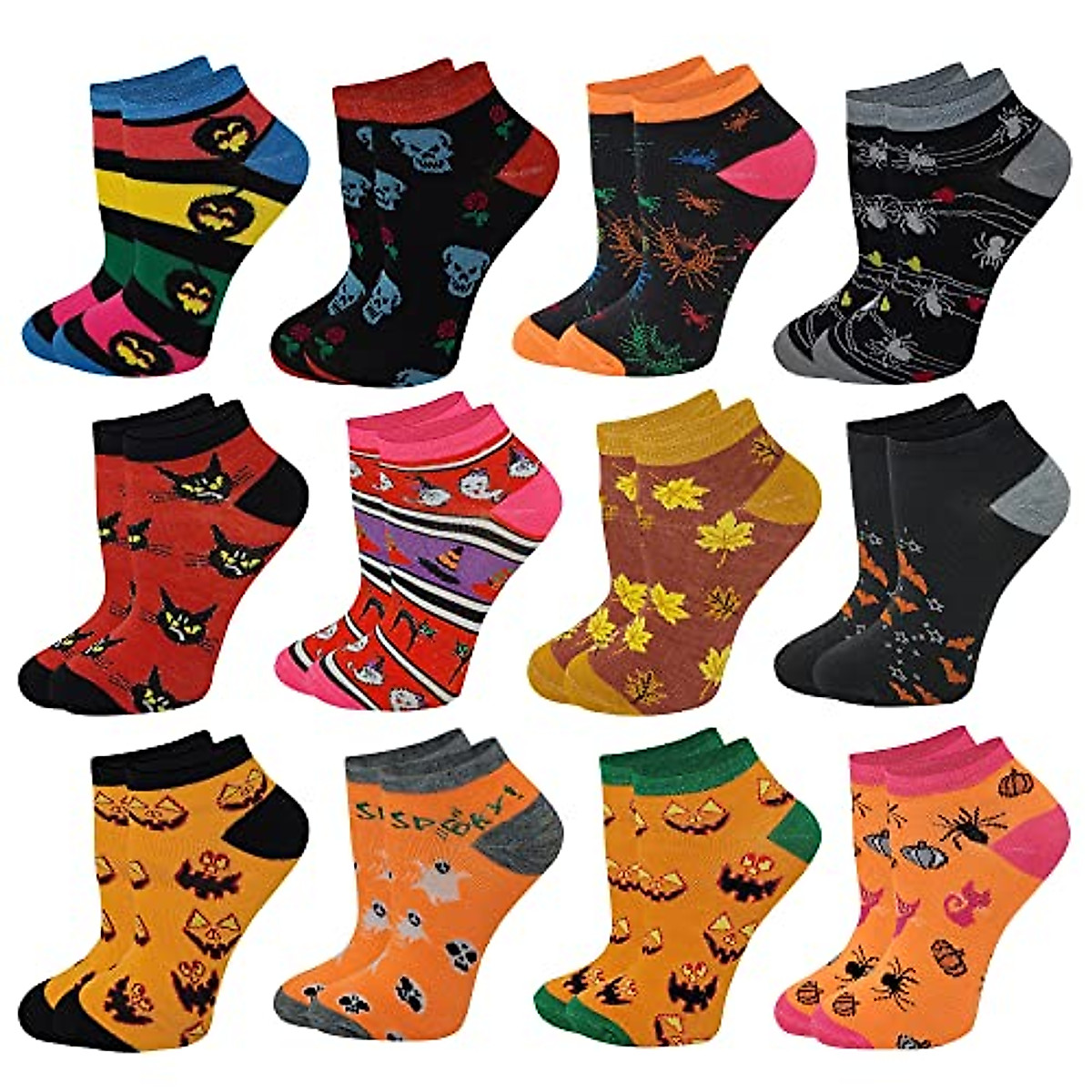 SUMONA Differenttouch 12 Pairs Pack Women Low Cut Colorful Fancy Design Ankle Socks (9-11, Halloween)