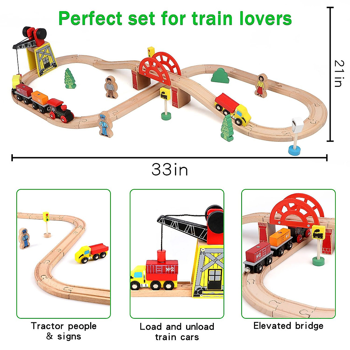 Qilay Wooden Train Set for Toddler - 39 Pcs Wooden Train Tracks with Crane, Bridge & 5 Wooden Trains - Train Toys for 3,4,5 Year Old Boys & Girls - Fit All Major Bands Train Tracks Set
