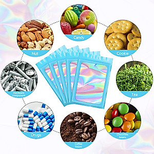 Funfery 100 pcs Blue Smell Proof Mylar Holographic Bags Packaging Bags,Clear Resealable Odor Proof Bags Foil Pouch Bags for Food Storage,Lipgloss,Jewelry,Eyelash Packaging for Small Business(3x4.7In)