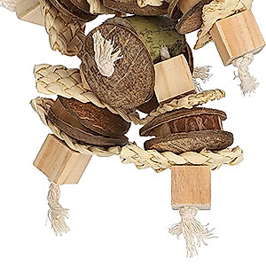 Zerodis Parrot Chewing Toy, Bird Coconut Beak Grinding Plaything Toy Parrot Cage Bite Toys with Blocks for Conures Cockatiels African Grey Macaws